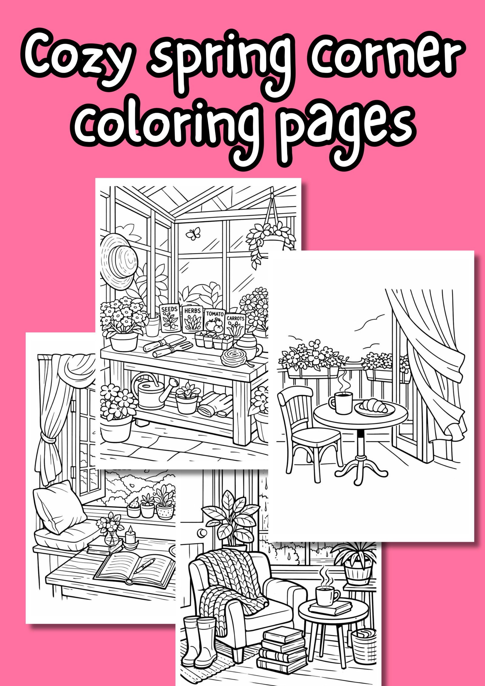 Cozy spring corner coloring pages - Simply Cozy Collective